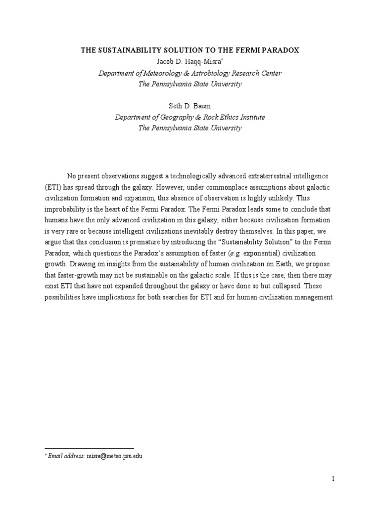 FERMI PARADOX, The Sustainability Solution To The | PDF | Search For ...