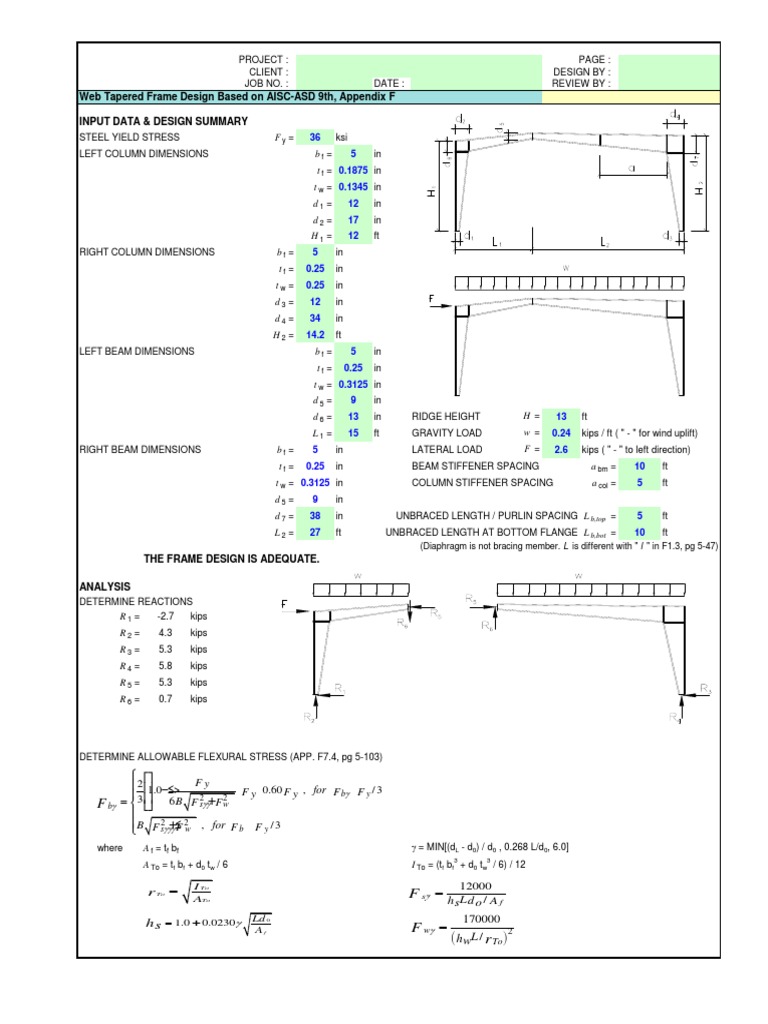 Web Tapered Frame Design Based On AISC-ASD 9th, Appendix F Input Data & Design Summary | PDF ...