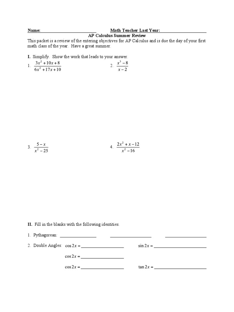 AP Calculus Summer Review Packet | PDF | Equations | Teaching Mathematics