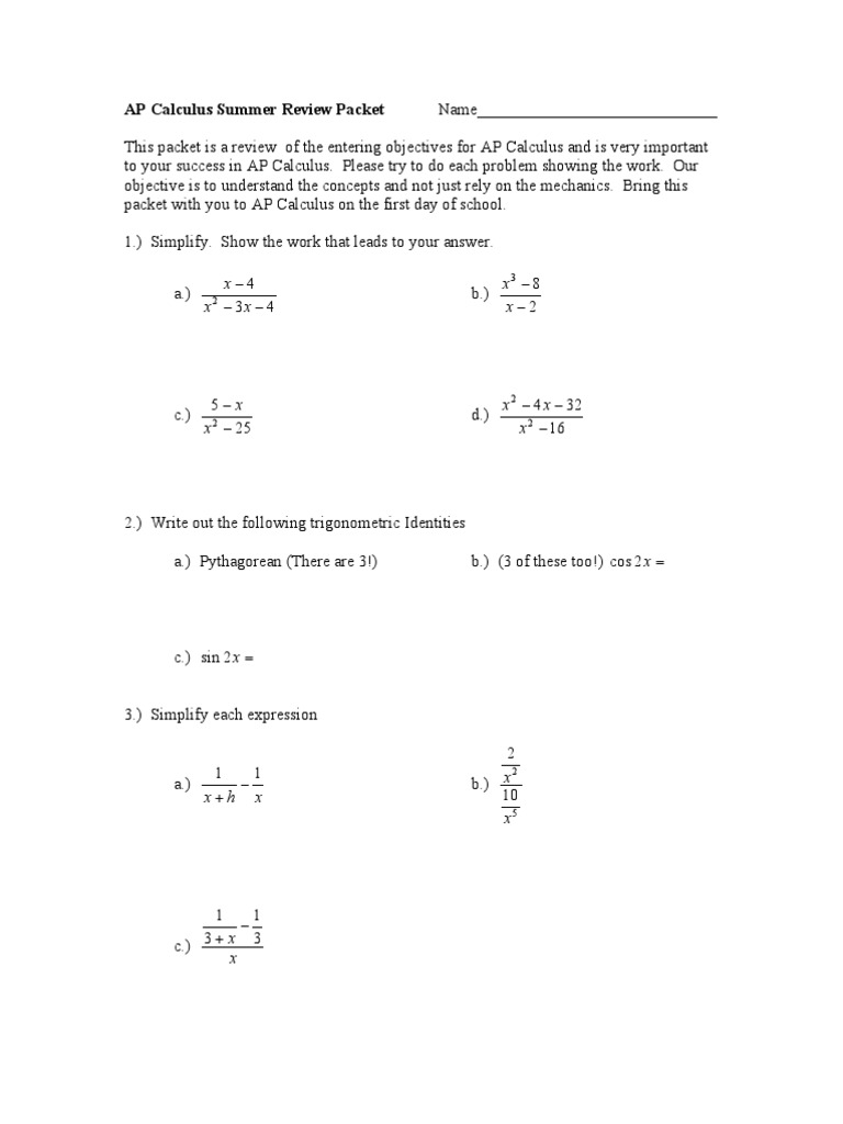 AP Calculus Summer Review Packet Name | PDF | Trigonometric Functions ...
