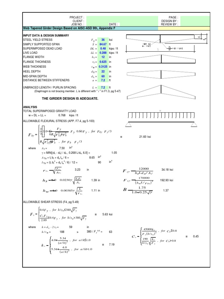 Web Tapered Girder Design Based On AISC-ASD 9th, Appendix F | PDF | Civil Engineering | Mechanics