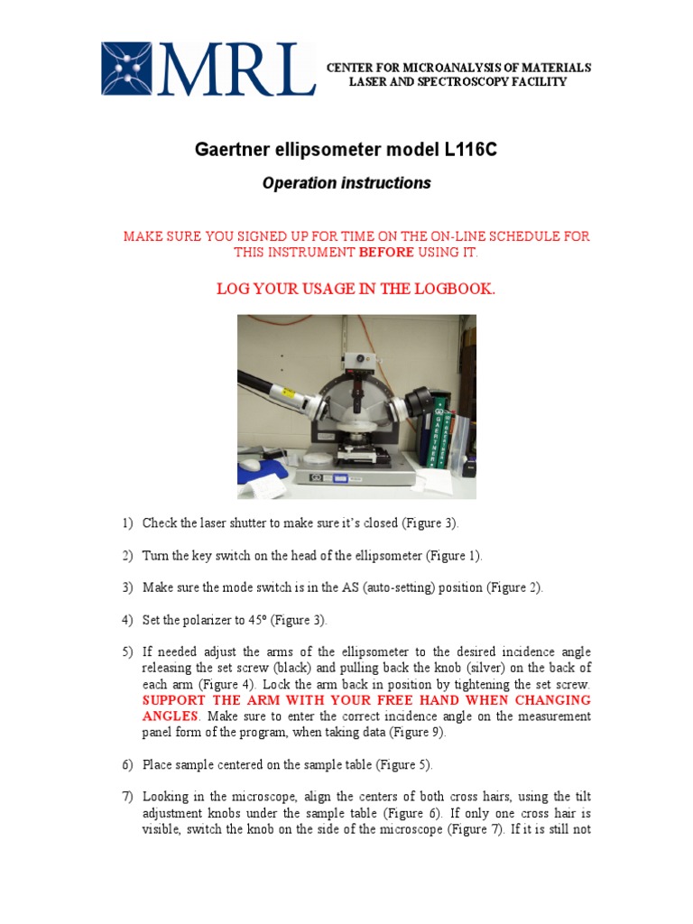 Gaertner Ellipsometer Model L116C: Operation Instructions | Download ...