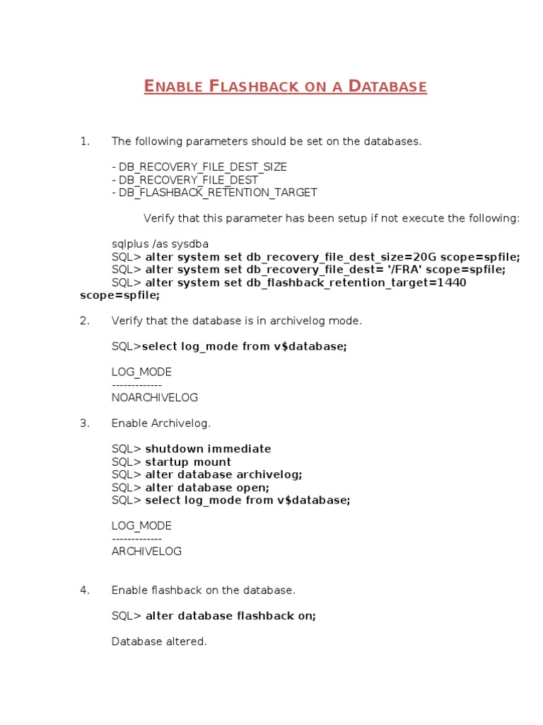 Enable Flashback On A Database | PDF