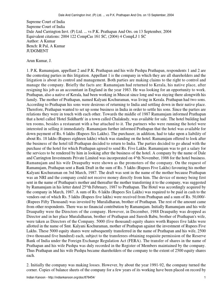 Supreme Court Case: Dale & Carrington vs Prathapan | PDF