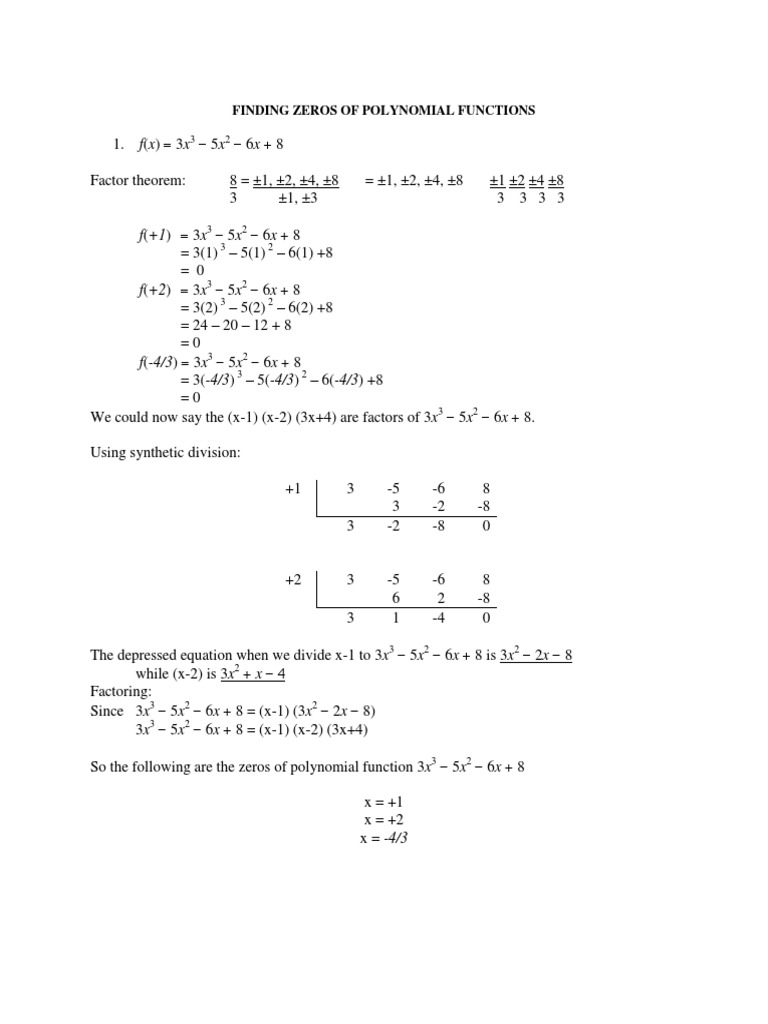 Finding Zeros of Polynomial Functions | PDF | Factorization | Polynomial
