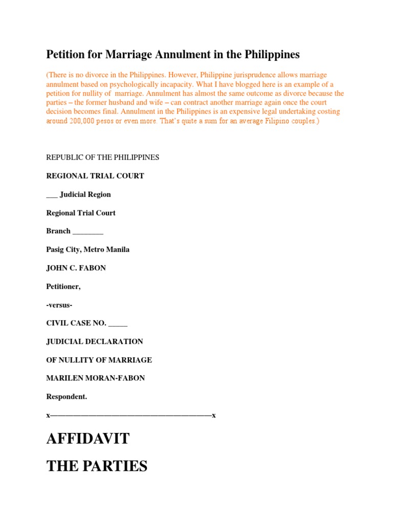 Affidavit The Parties: Petition For Marriage Annulment in The ...