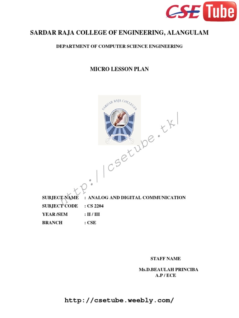 Sardar Raja College of Engineering, Alangulam: Micro Lesson Plan | PDF | Frequency Modulation ...