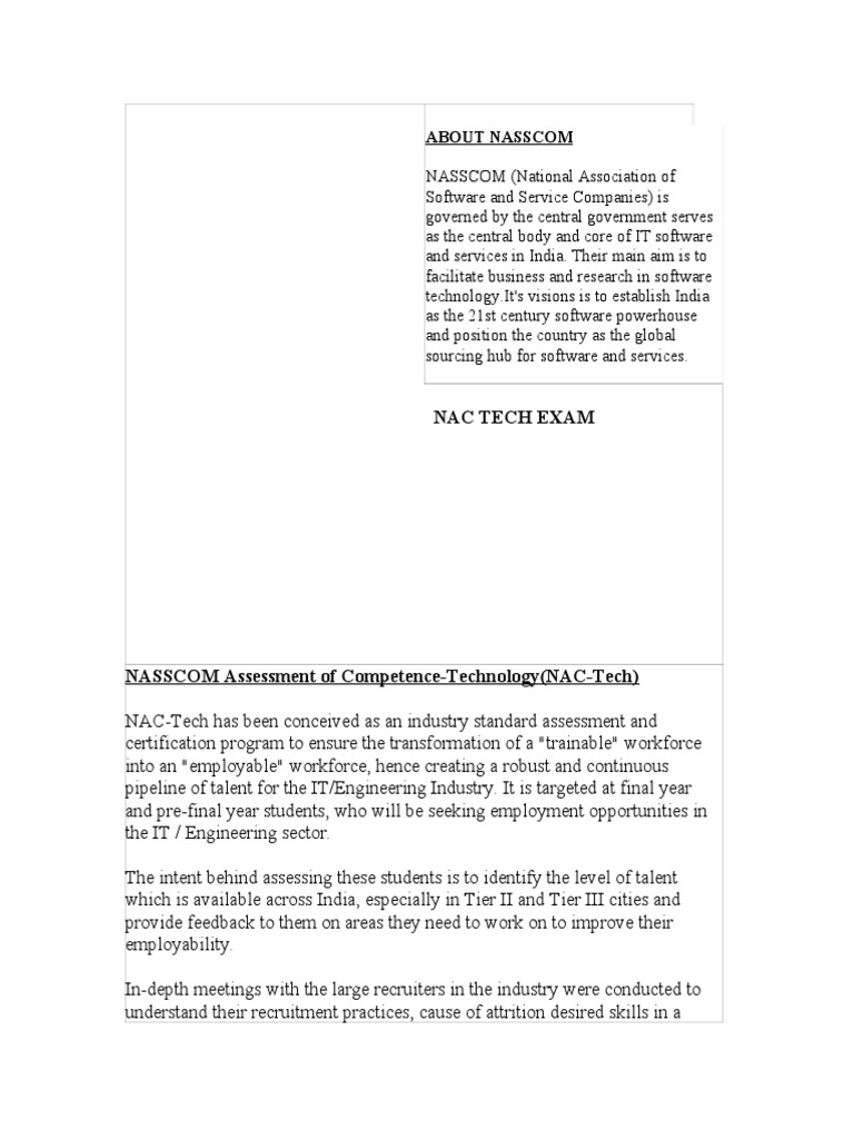 Nac Tech Exam: About Nasscom | PDF | Reading Comprehension | Test ...