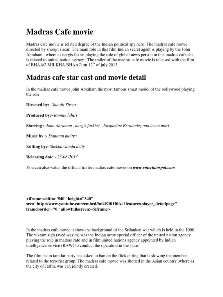 Madras Cafe Star Cast and Movie Detail | PDF