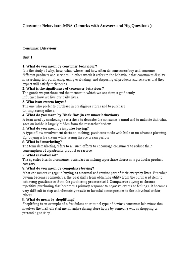 Consumer Behaviour-MBA (2 Marks With Answers and Big Questions) | PDF ...