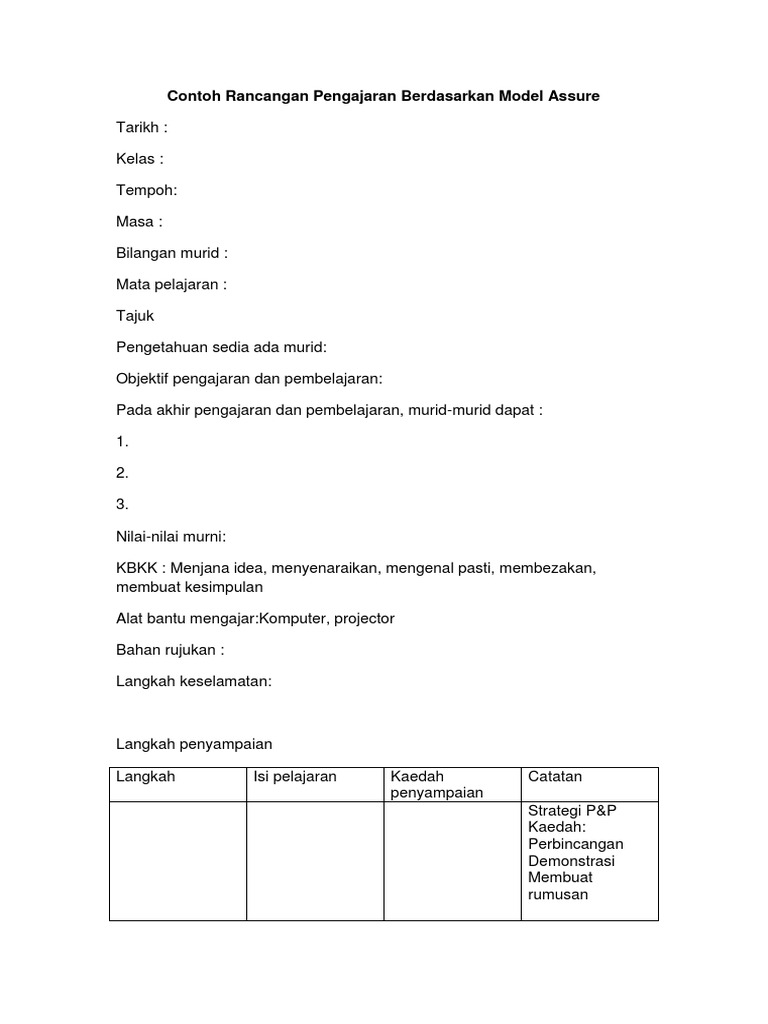 Contoh Rancangan Pengajaran Berdasarkan Model Assure | PDF