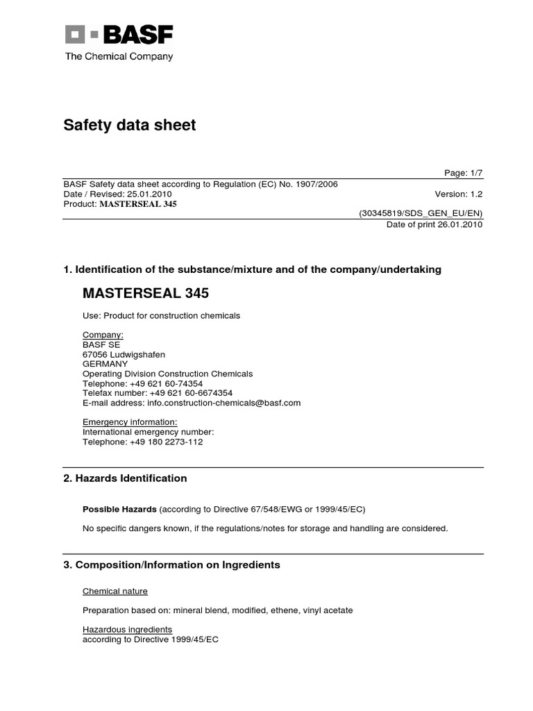 Safety Data Sheet for MASTERSEAL 345 Construction Adhesive | PDF ...