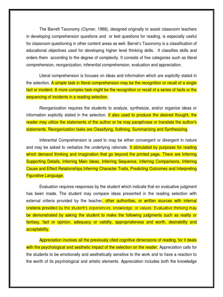 The Barrett Taxonomy (Task 2) | PDF | Reading Comprehension | Aesthetics