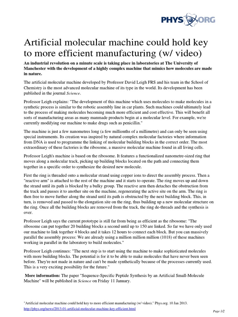 2013 01 Artificial Molecular Machine Key Efficient | PDF | Molecules ...