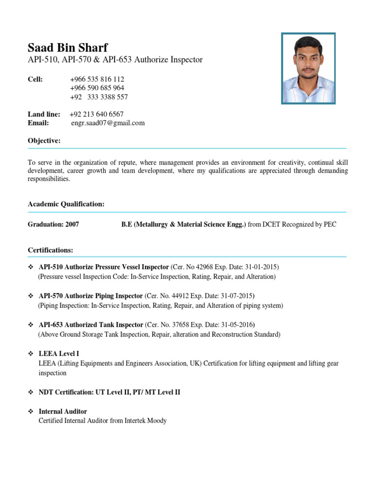 API-510, API-570 & API-653 Inspector resume | PDF | Nondestructive ...