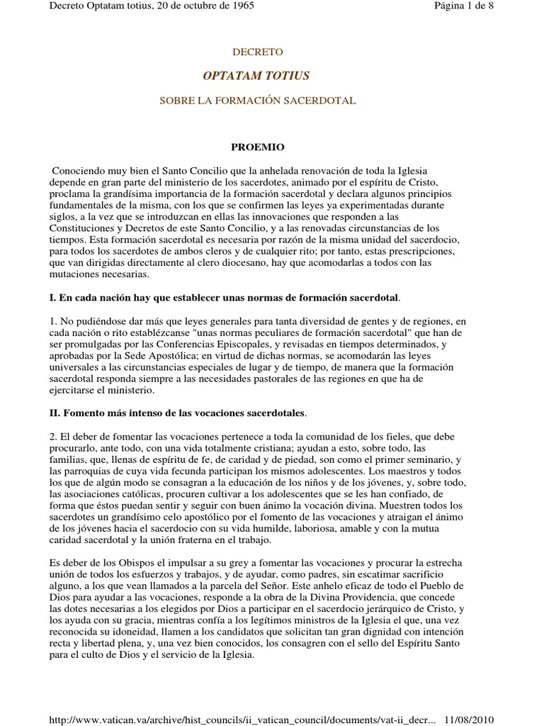 1965 - Pablo VI - Decreto Sobre La Formación Sacerdotal OPTATAM TOTIUS | PDF | Seminario | Sacerdote