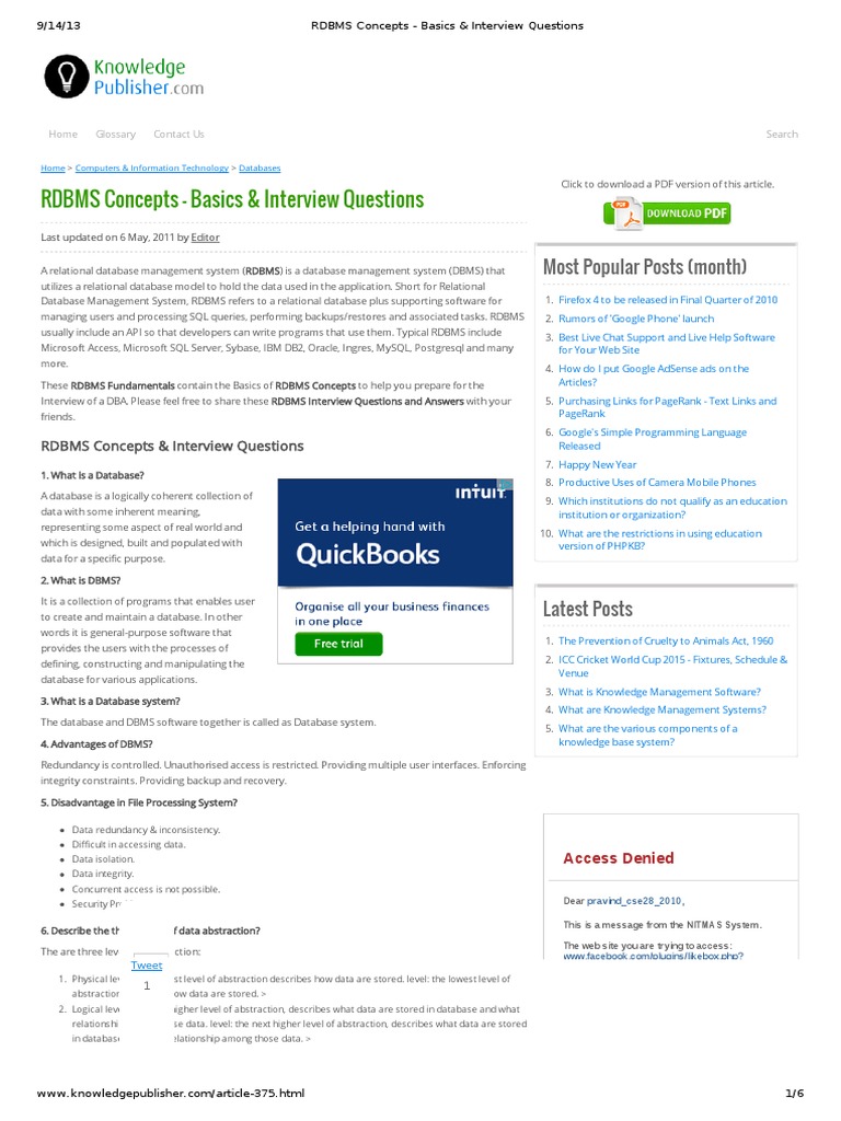 Rdbms Concepts Basics And Interview Questions Pdf Relational Database Databases