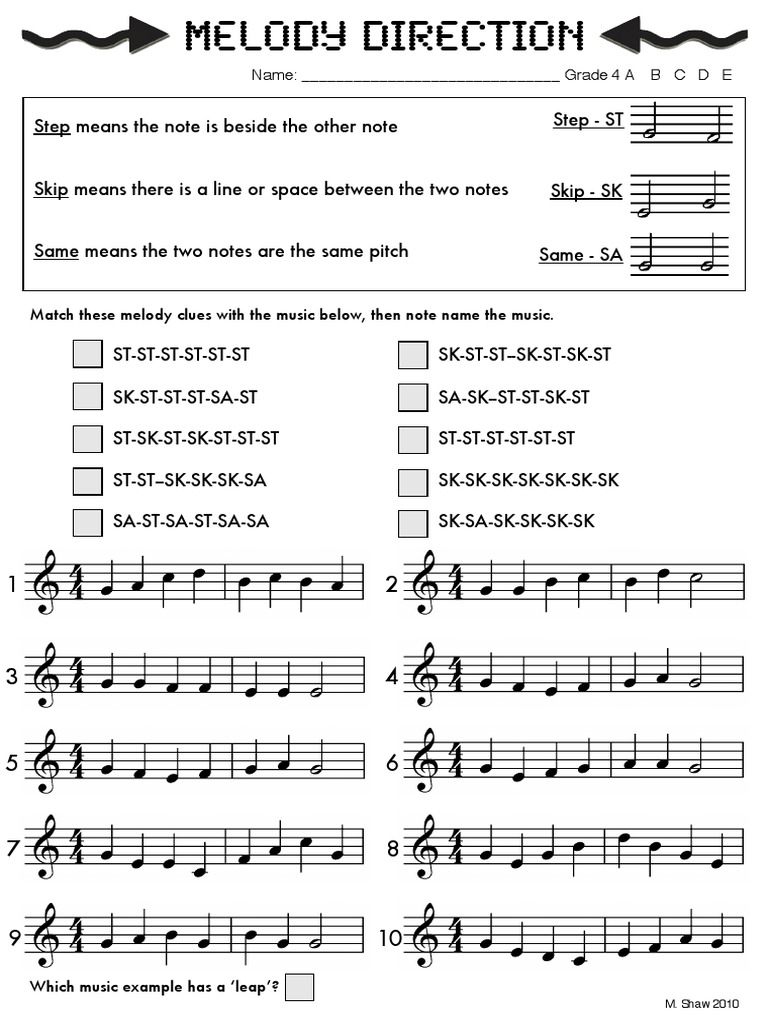 Melodic Direction Worksheet for Grade 4 | PDF