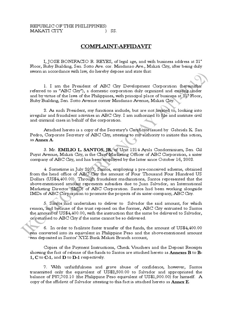 Legal Writing - Sample Complaint Affidavit - 1aa & 1c | PDF | Makati ...