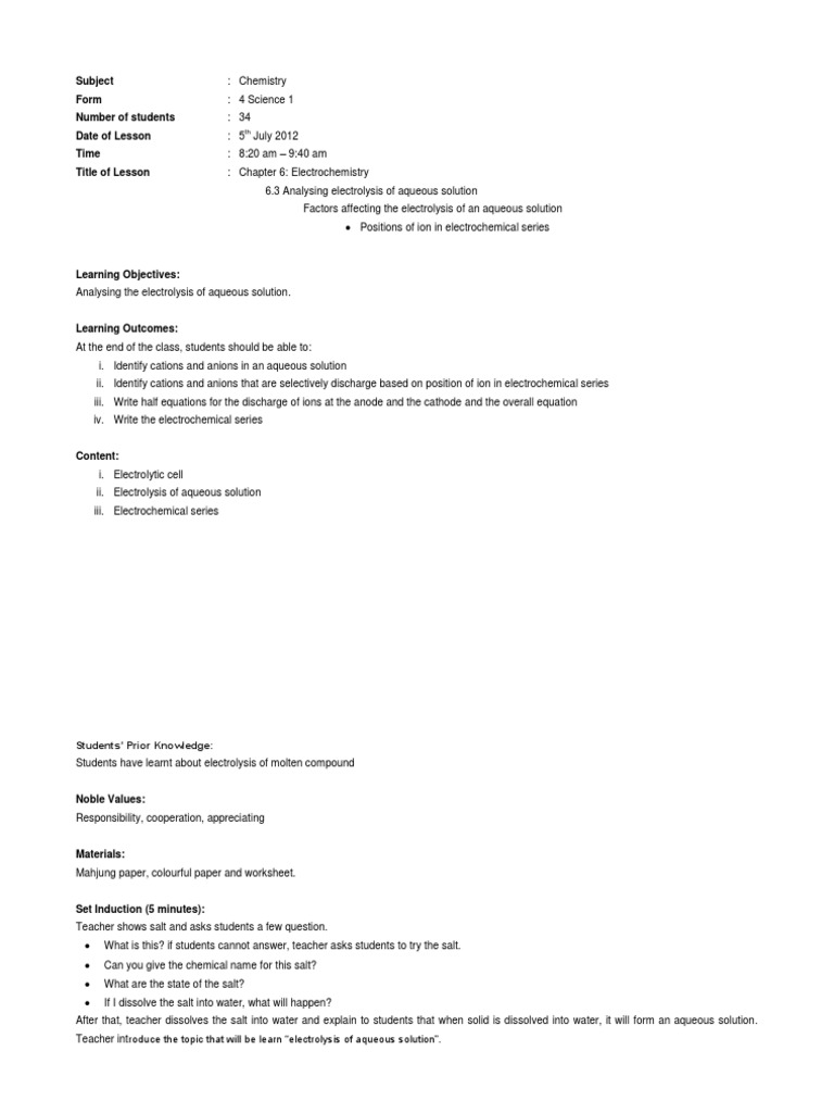 Lesson Plan Chemistry | PDF | Electrochemistry | Ion