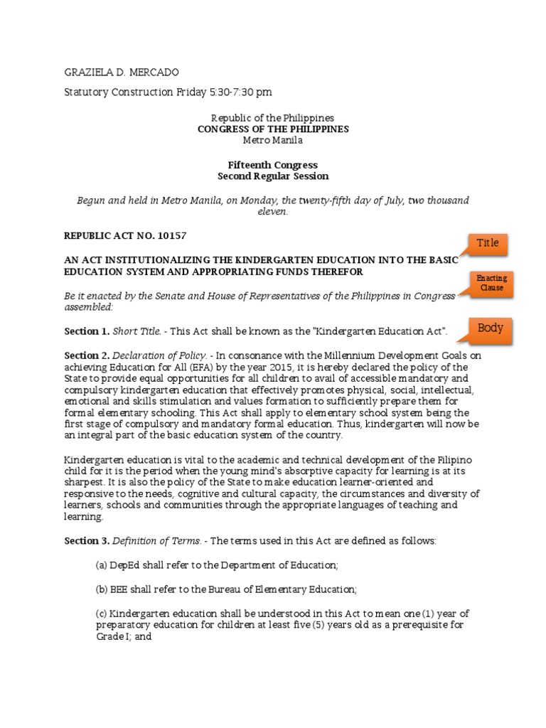Statcon Parts of Statute Assign | PDF | Primary Education | Kindergarten