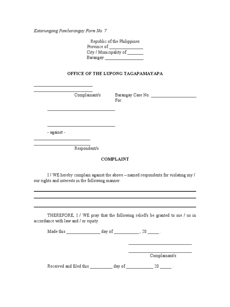 Katarungang Pambarangay Form No. 7: Office of The Lupong Tagapamayapa | PDF