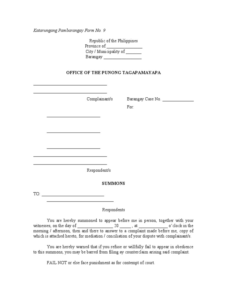Katarungang Pambarangay Form No. 9: Office of The Punong Tagapamayapa | PDF