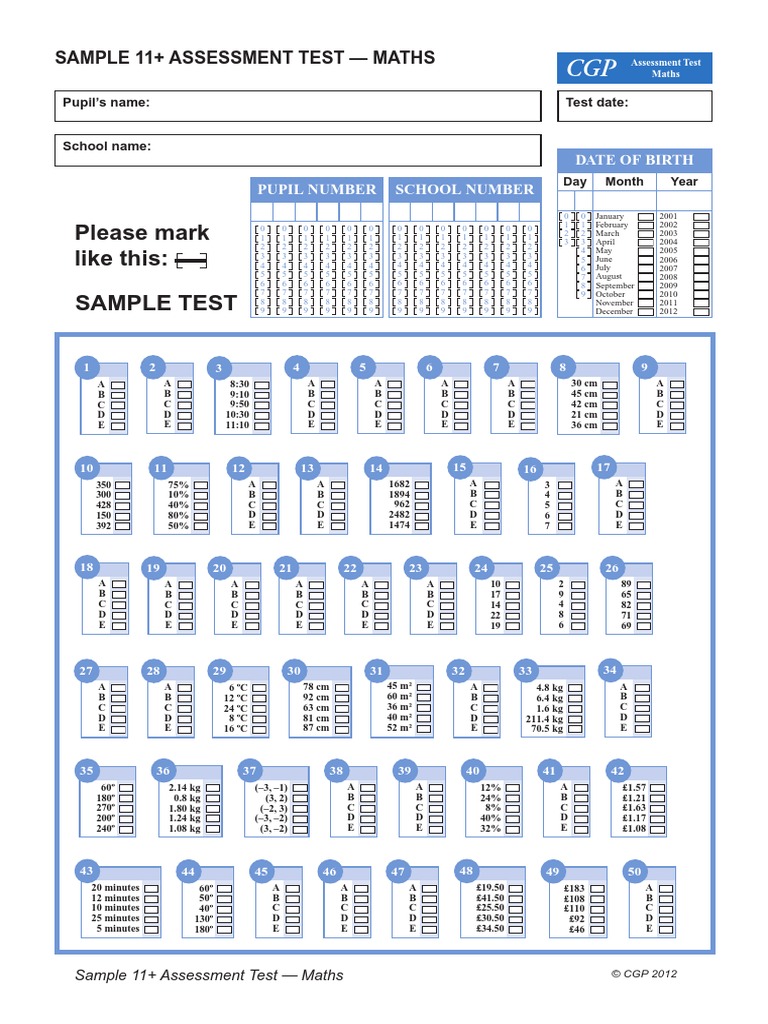 CGP11PlusAssessmentTest Maths MCAnswersheet | PDF