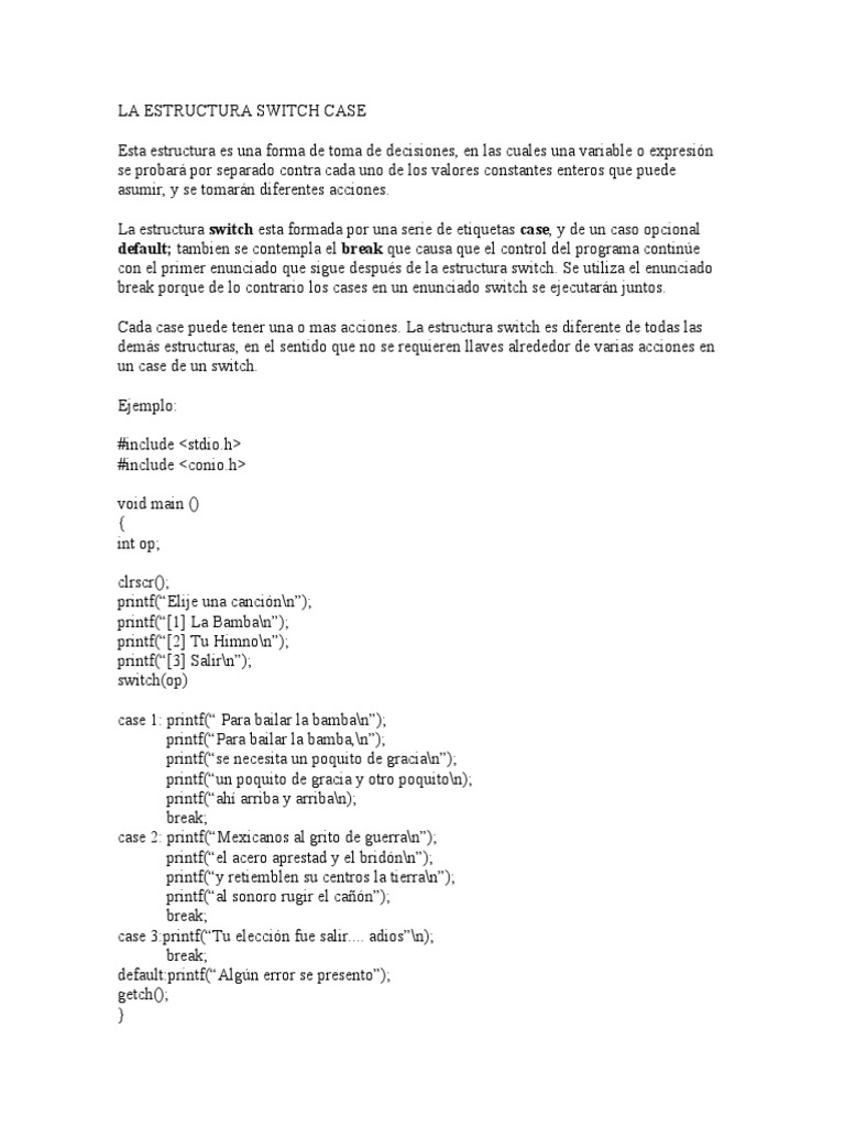 La Estructura Switch Case | Descargar gratis PDF | Programación de computadoras | Enseñanza de ...