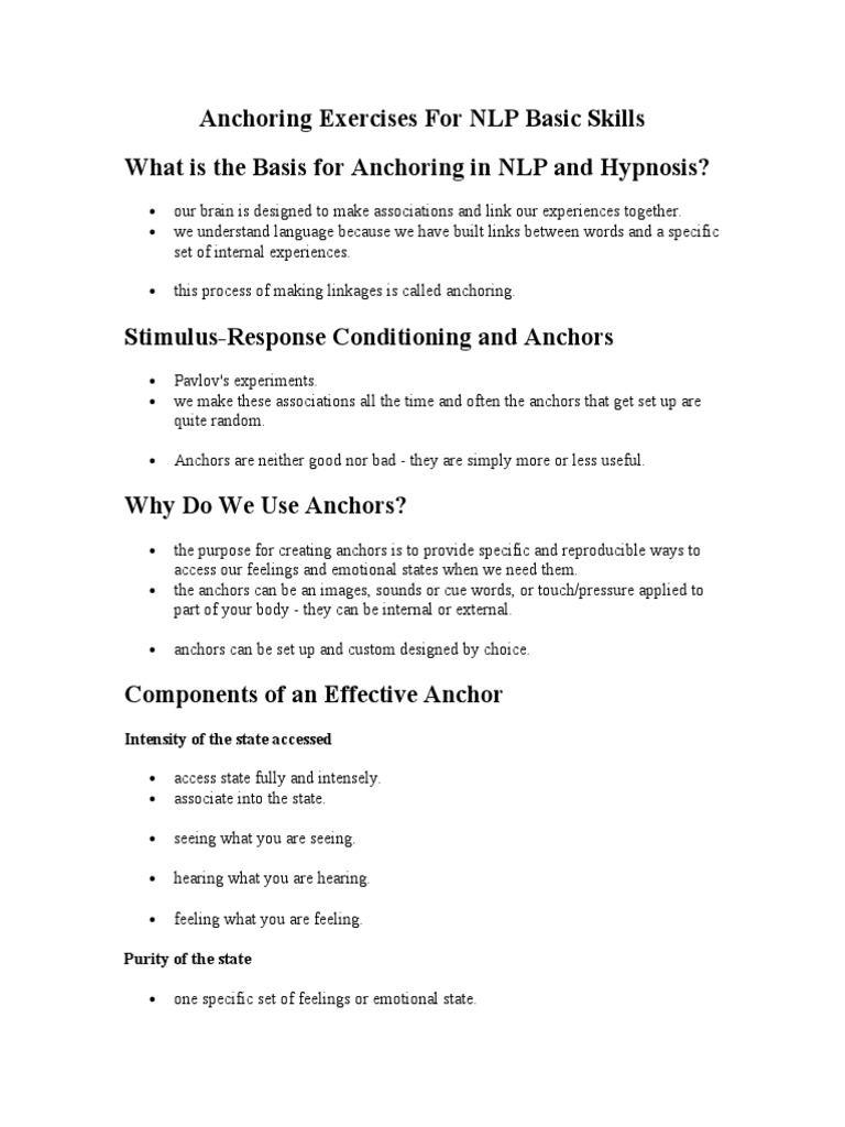 Anchoring Exercises For NLP Basic Skills | PDF | Senses | Taste