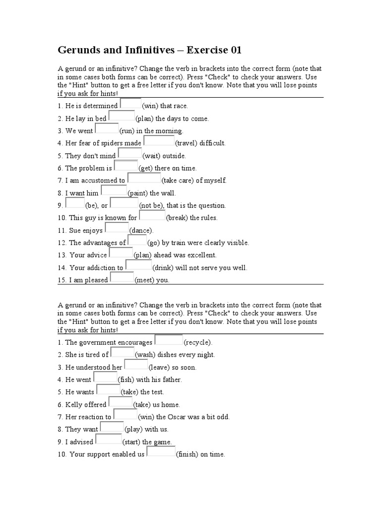 Gerunds and Infinitives Exercises | PDF
