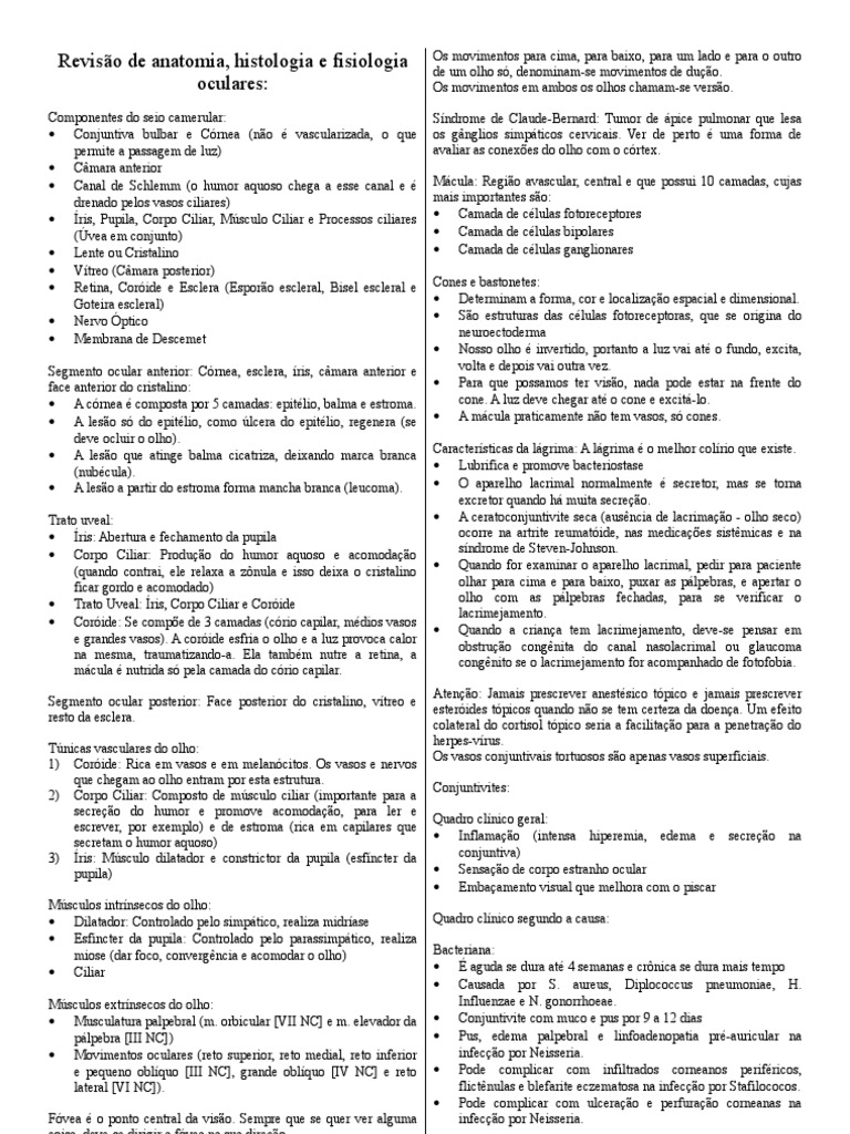 Resumo Oftalmo 2 | PDF | Olho humano | Sistema visual