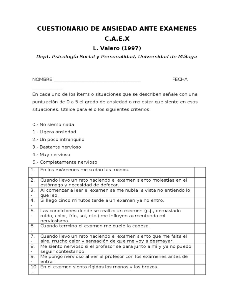 Cuestionario de Ansiedad Ante Examenes Caex | Ansiedad | Prueba ...
