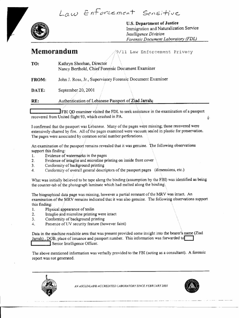 Report On Authenticity Of Ziad Jarrahs Passport Found In Shanksville