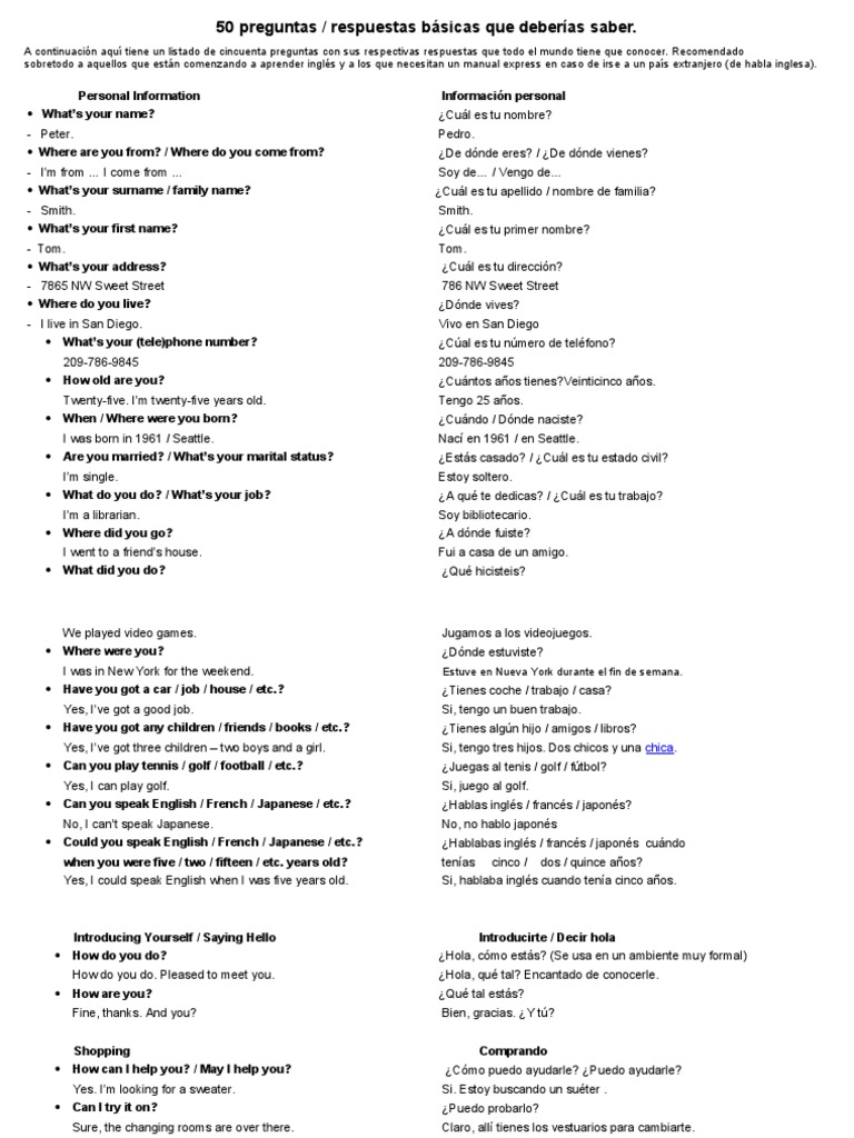 50 Preguntas y Respuestas en Ingles | PDF | Ocio