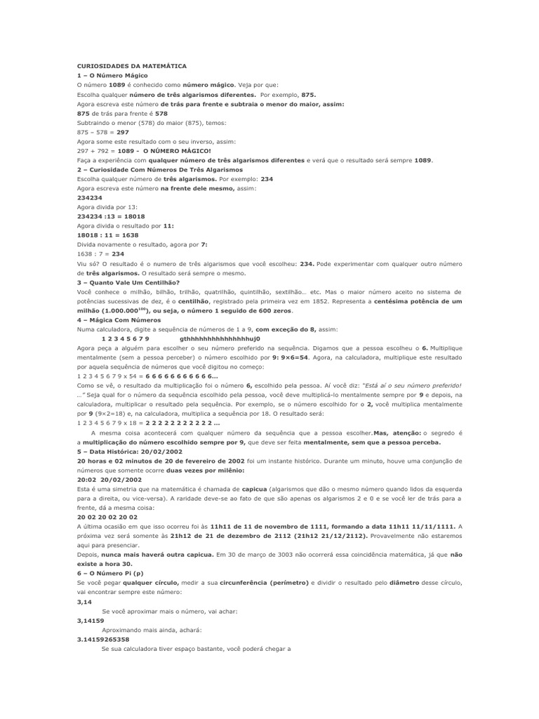 Truques Matemáticos Fascinantes | PDF | Pi | Números
