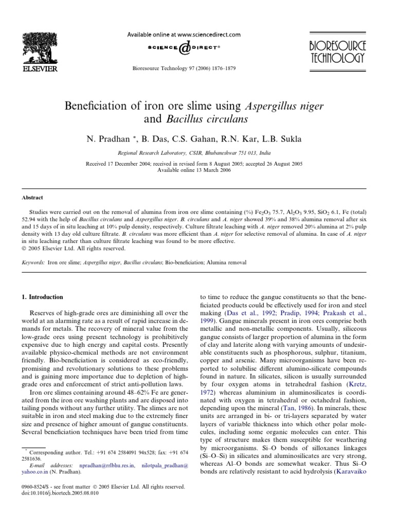 Beneficiation of Iron Ore Slime Using Aspergillus Niger and Bacillus ...
