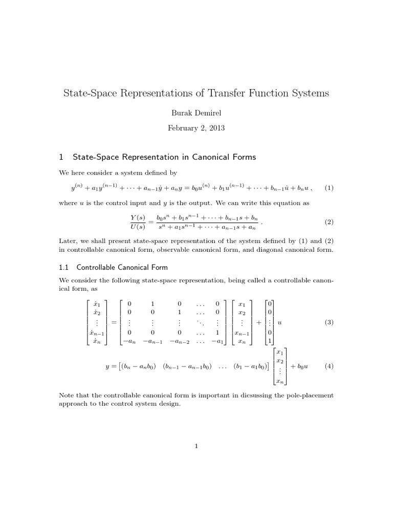 State Space Representation of Transfer Function Systems | PDF ...
