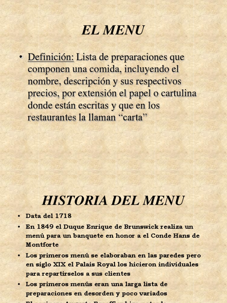 Historia y Tipos de Menú en Restaurantes | PDF | Sabor | Calidad ...