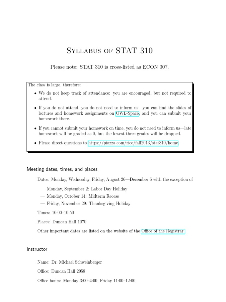 Stat 310 Syllabus Pdf Estimation Theory Statistics