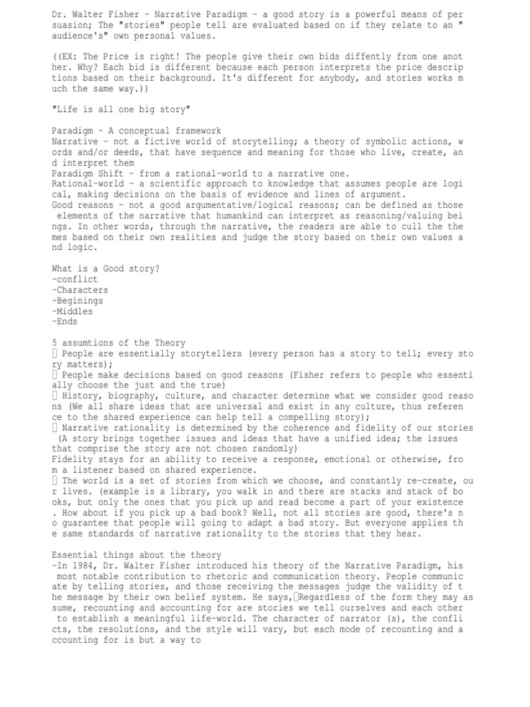 Walter FIsher's Narrative Paradigm (Outline) | PDF | Narrative | Logic