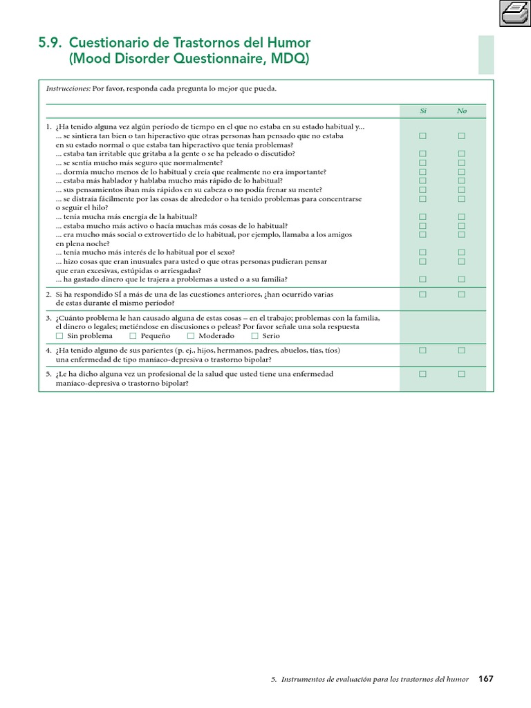 Cuestionario MDQ Mood Disorder Questionnaire | PDF