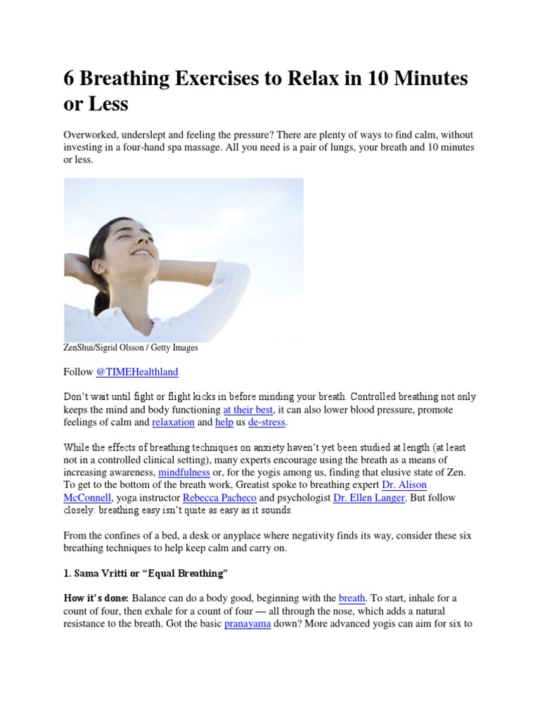6 Breathing Exercises To Relax in 10 Minutes or Less | PDF | Breathing ...