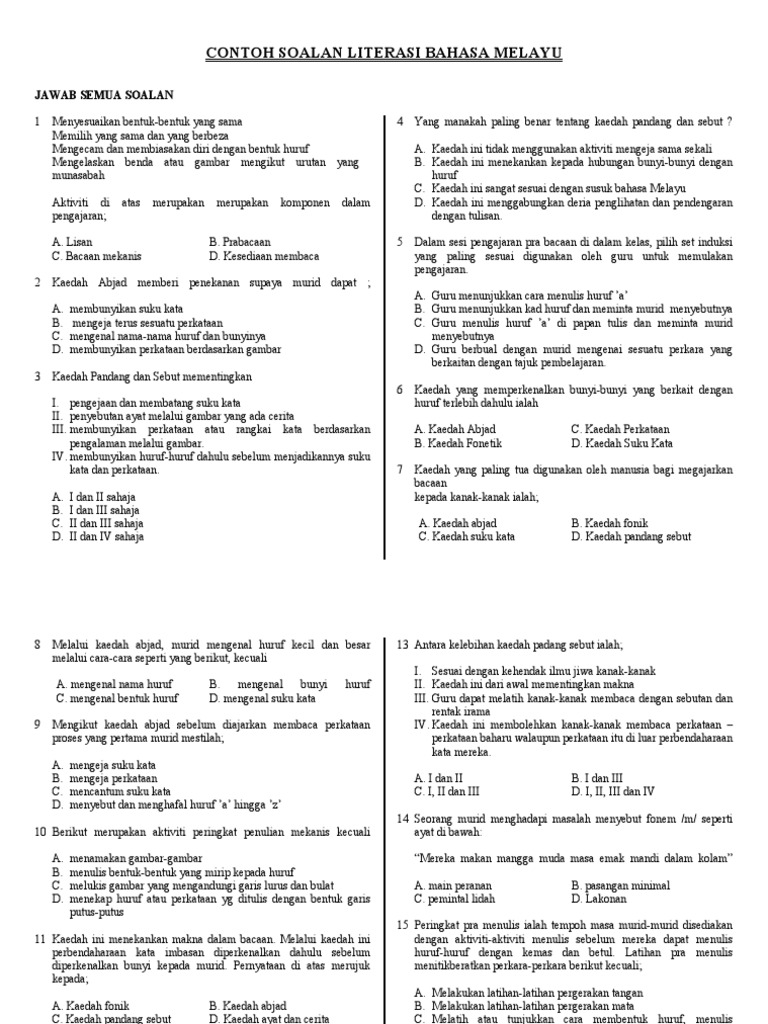 Contoh Soalan Literasi Bahasa Melayu | PDF