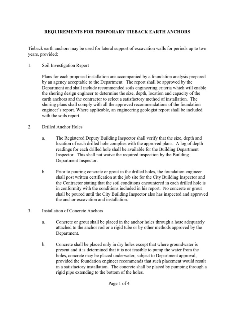 Requirements for temporary tieback earth anchors | PDF | Strength Of ...
