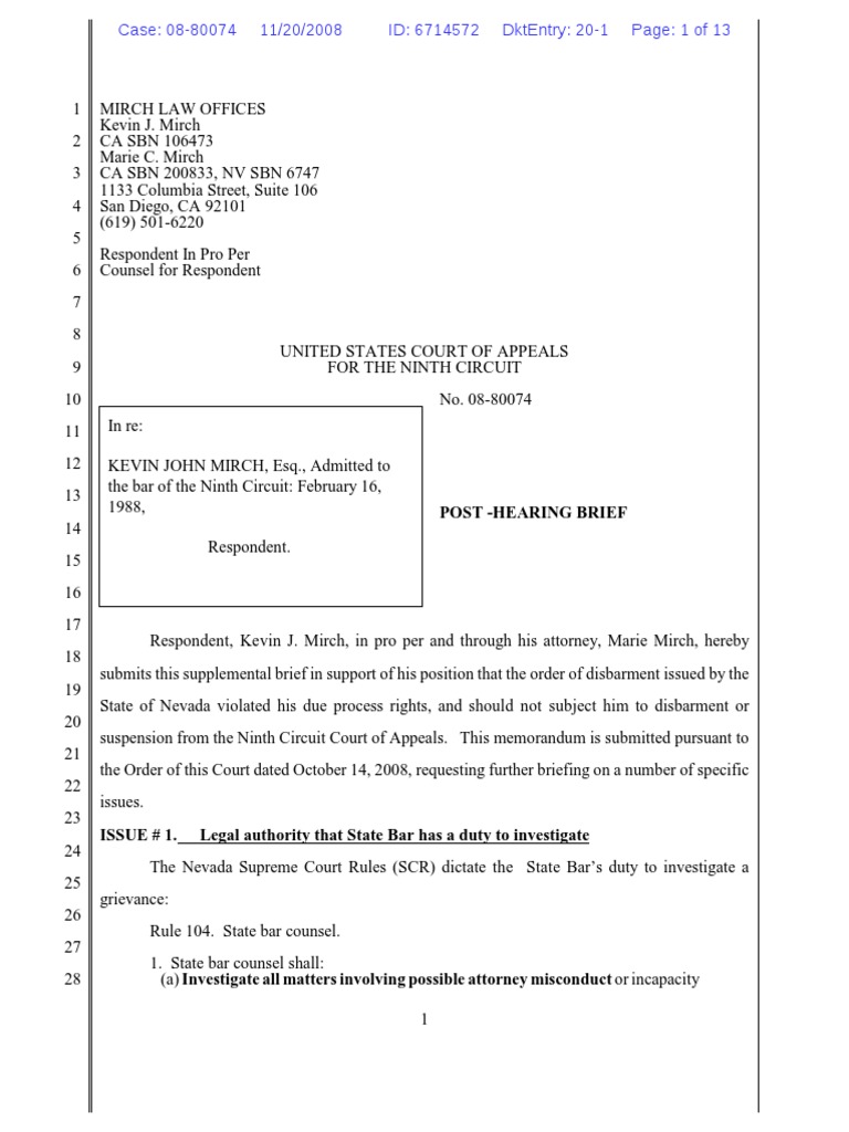 11 20 08 Doc 20 With Exhibits Mirch Post Hearing Brief 08-80074 69 ...