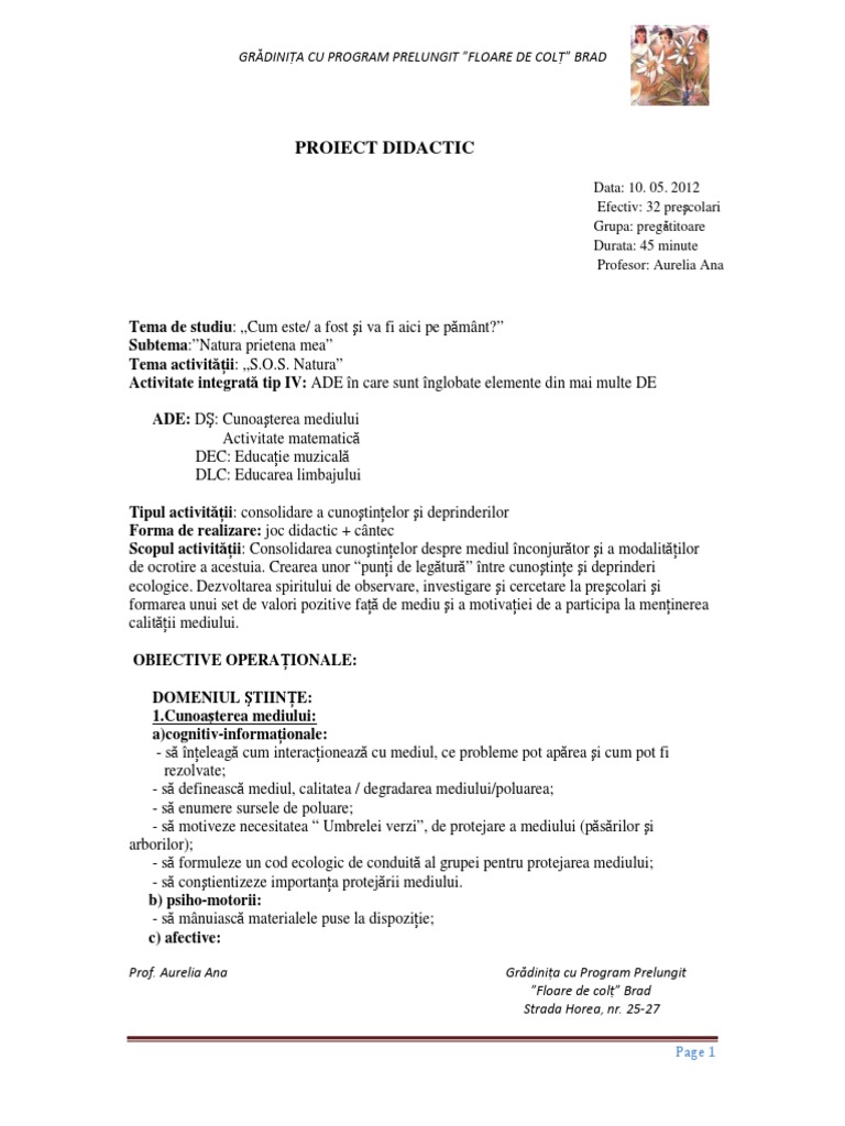 Proiect Didactic Activitate Integrata Educatie Ecologica | PDF