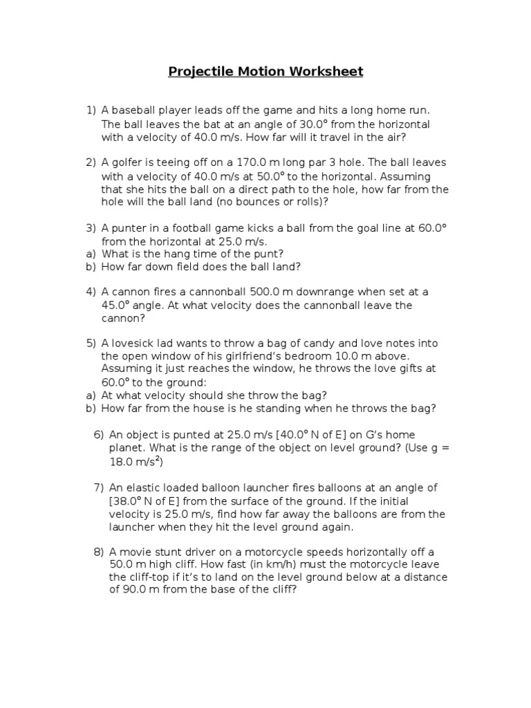 Projectile Motion Worksheet | PDF | Trajectory | Projectiles