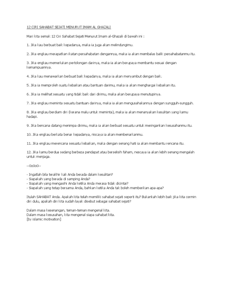 12 Ciri Sahabat Sejati Menurut Imam Al Ghazali | PDF