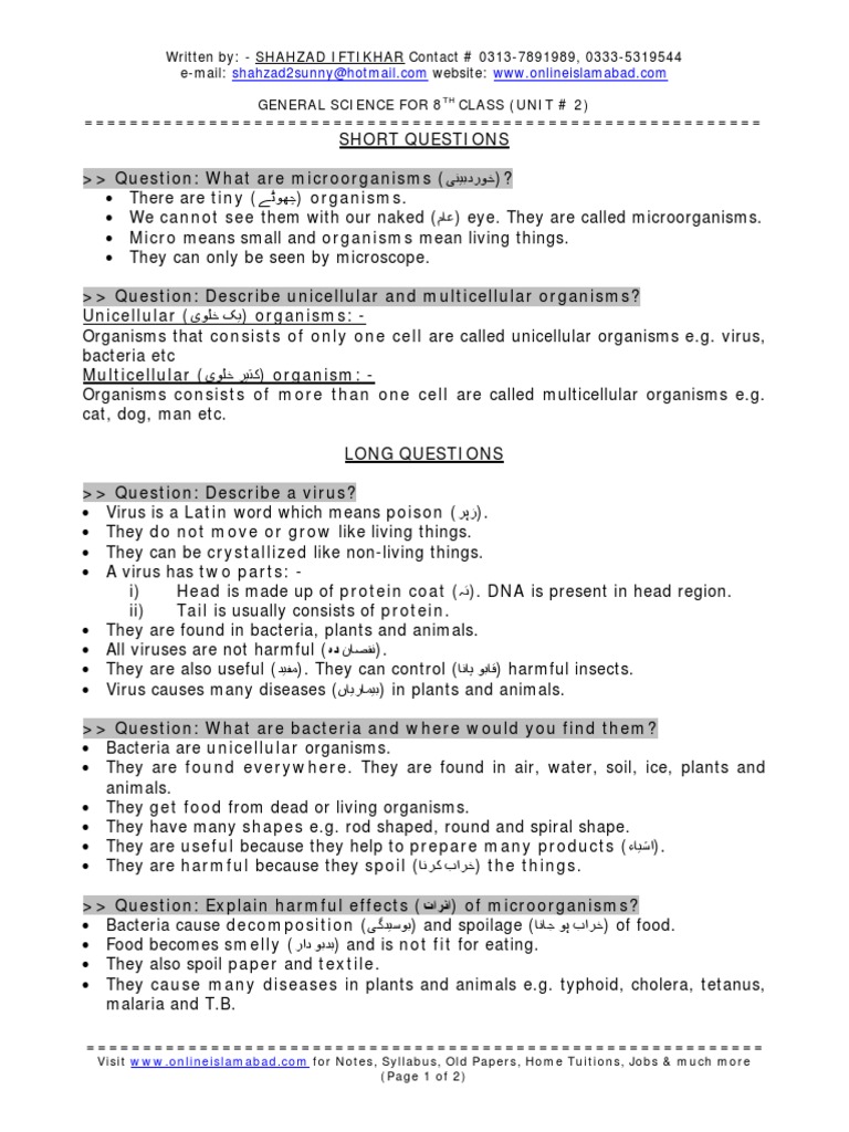 8 Science Unit 2 | PDF | Microorganism | Organisms